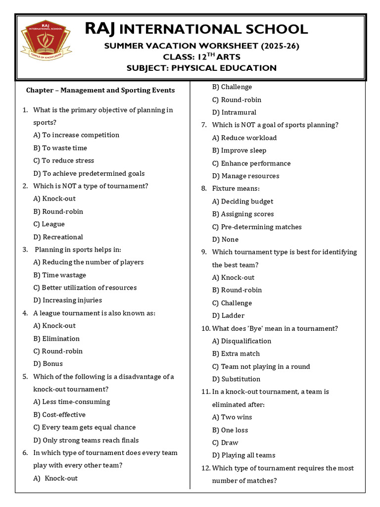 12th Arts Physical Education Worksheet - (1) 16-06-2025 | PDF ...