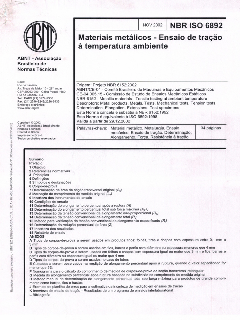 NBR Iso 6892 - 2002 - Materiais Metálicos - Ensaio de Tração À ...