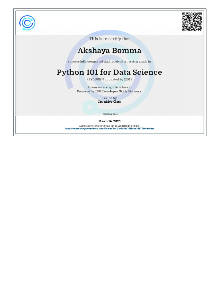 IBM PY0101EN Certificate - Cognitive Class | PDF