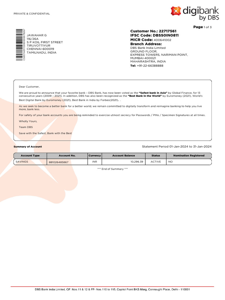 DBS Bank Customer Account Summary | PDF | Private Sector ...