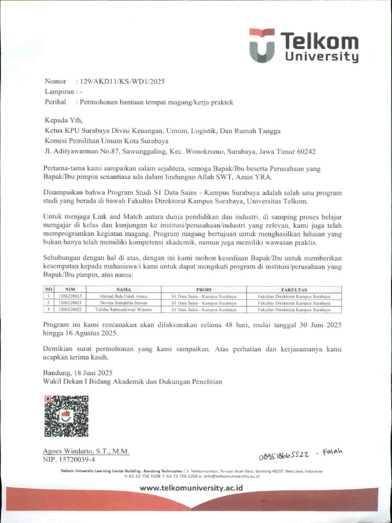 Telkom University - Permohonan Magang | PDF