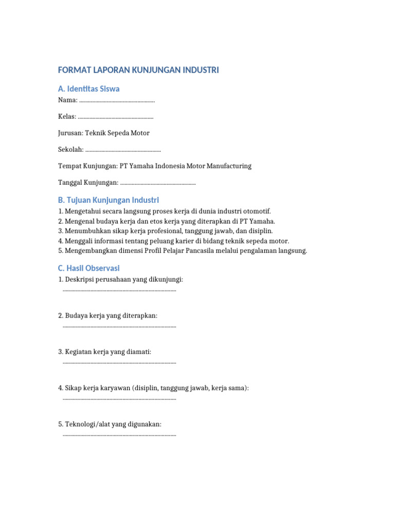 Format Laporan Kunjungan Industri TSM PT Yamaha | PDF