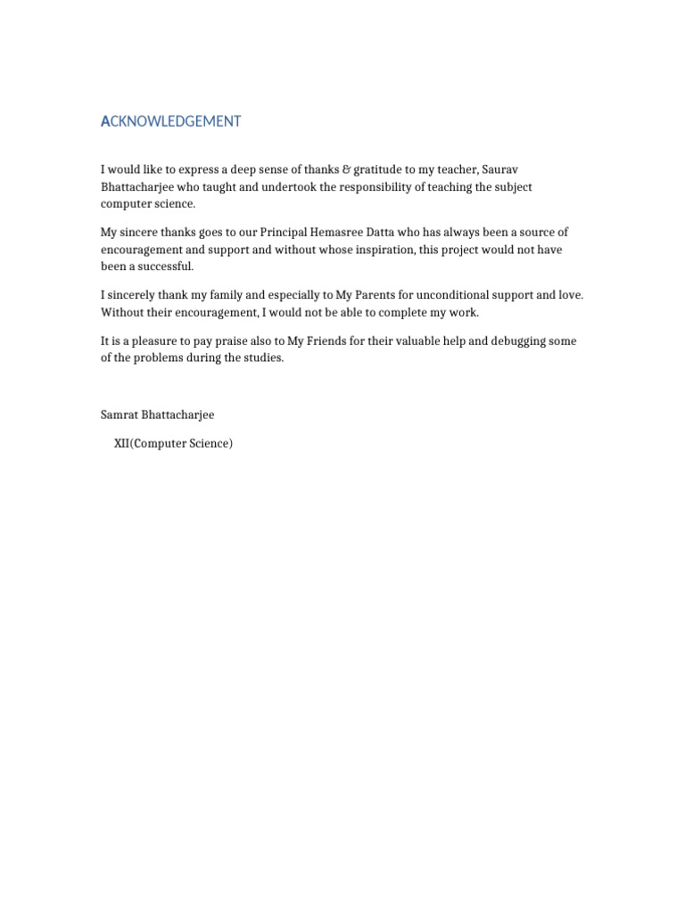 CBSE Computer Project Acknowledgement (AutoRecovered) | PDF