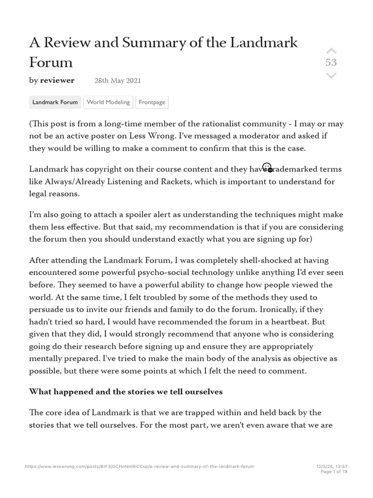A Review and Summary of The Landmark Forum - LessWrong | PDF | Narrative | Thought