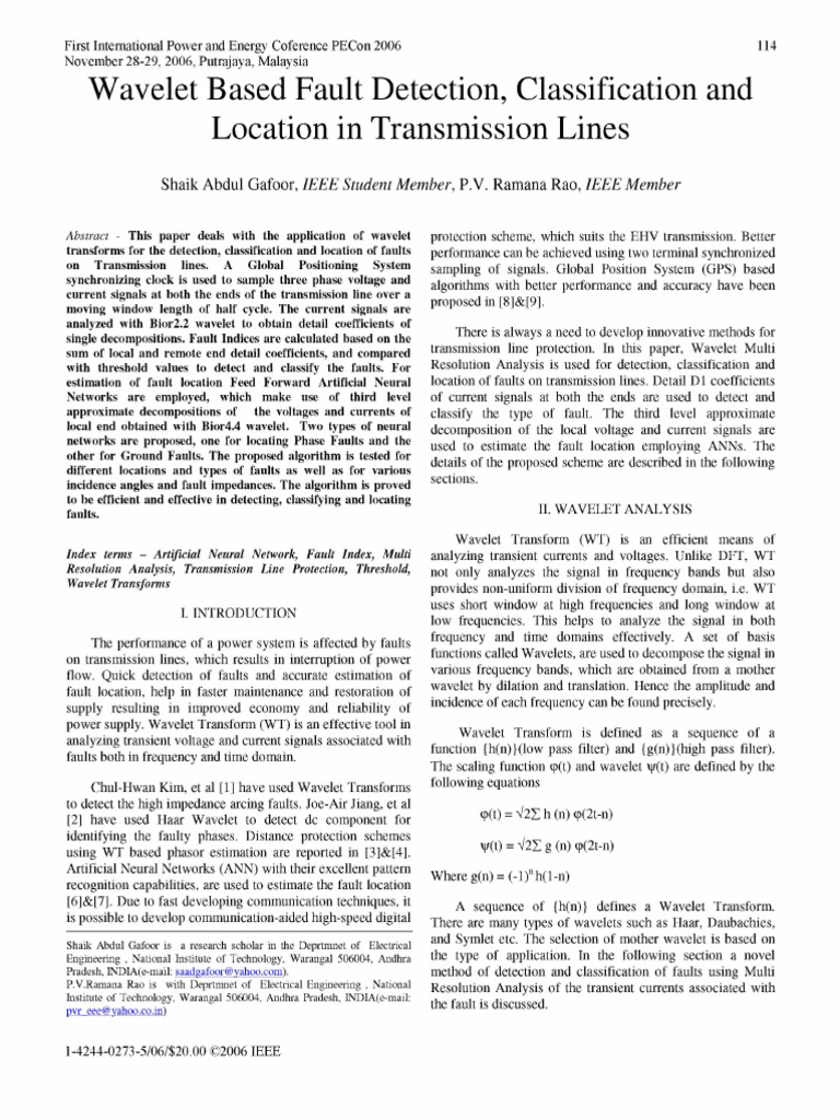 Wavelet Based Fault Detection Classification and Location in Transmission Lines-Pages-1 | PDF ...
