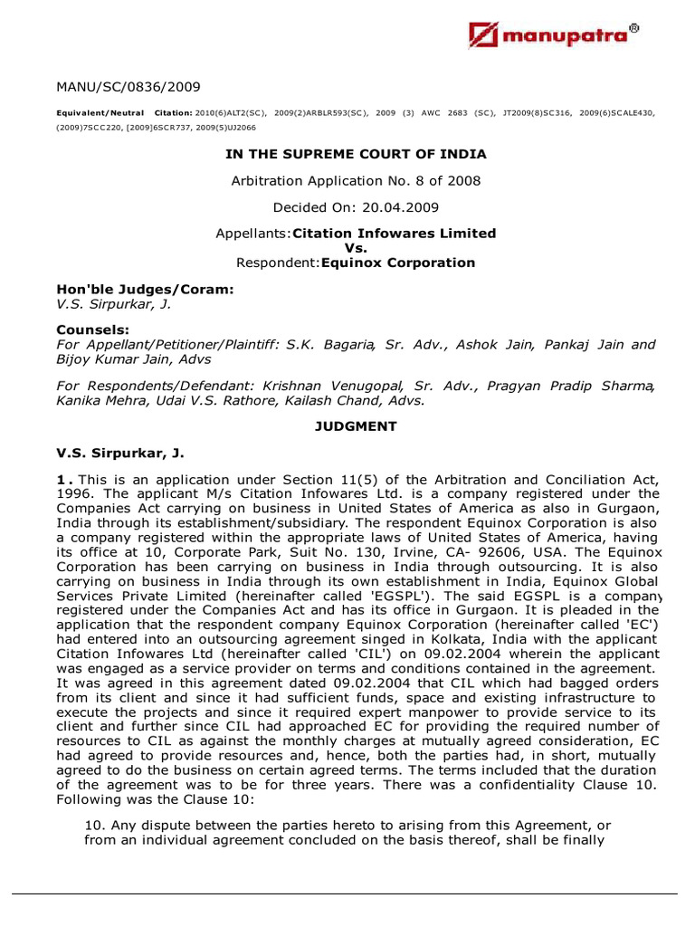 Citation Infowares Limited Vs Equinox Corporation s090850COM122888 | PDF | Arbitration ...