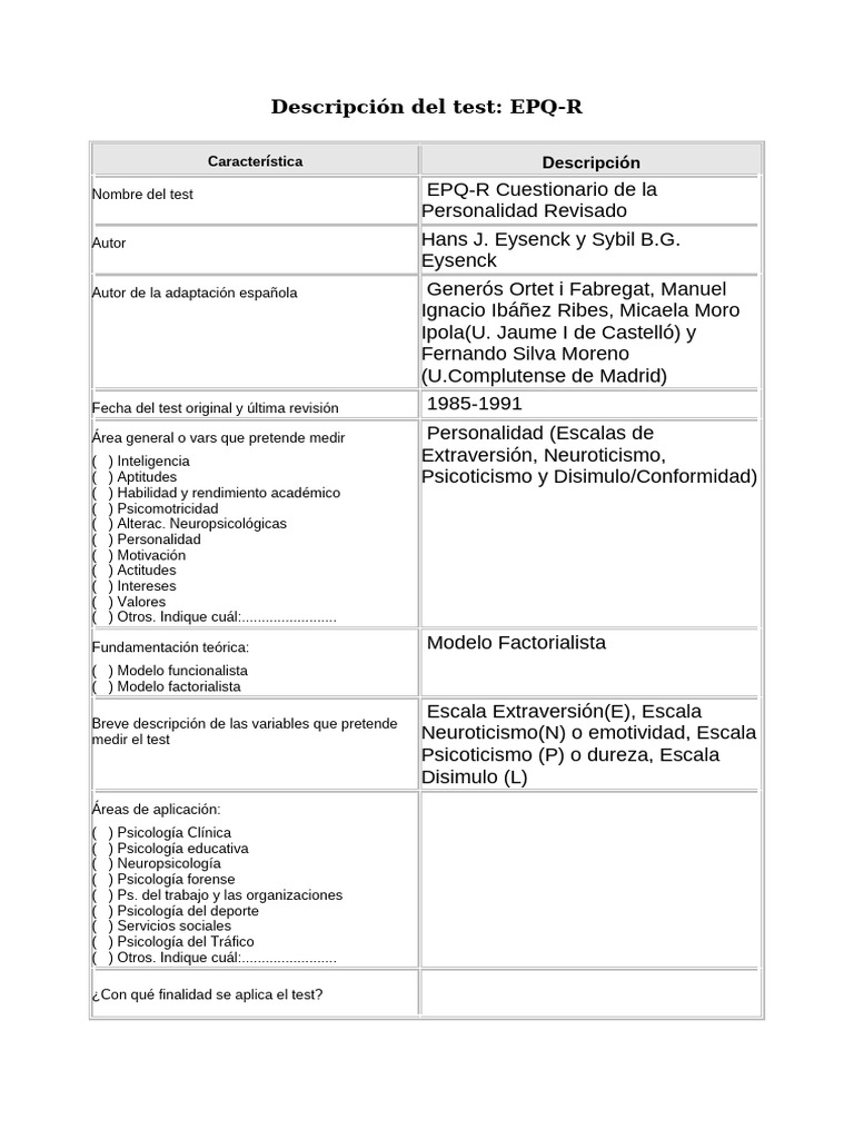 EPQ-R: Test de Personalidad Eysenck | PDF | Sicología | Conceptos ...
