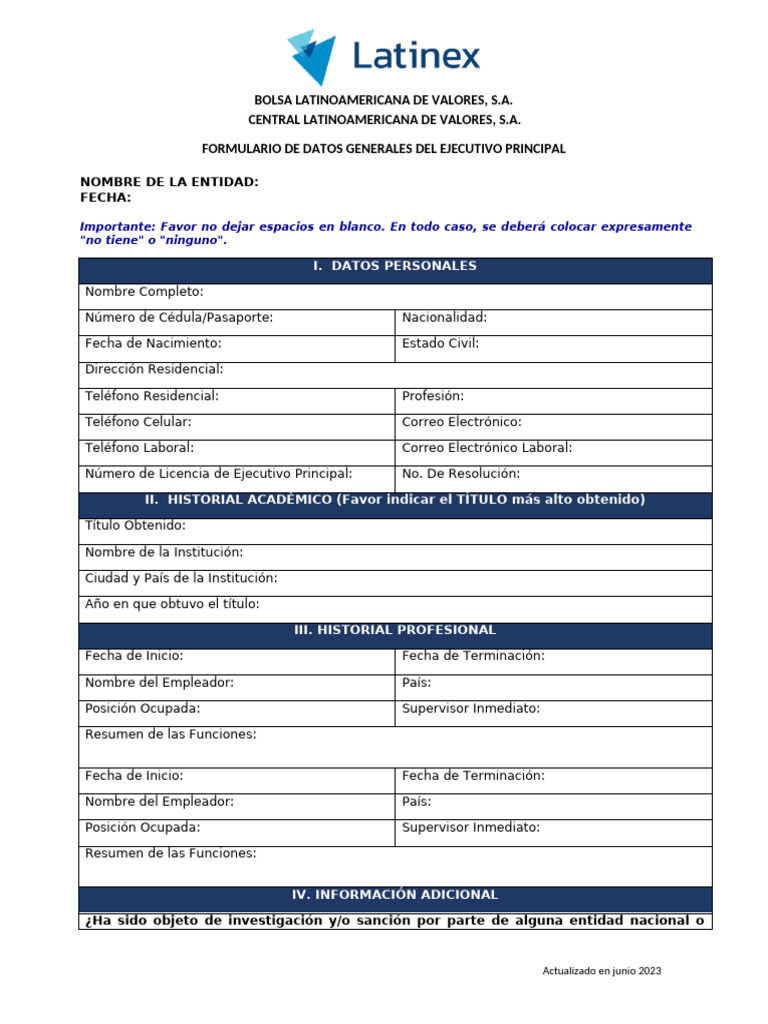 Formulario Datos Generales Del Ejecutivo Principal | PDF | Bolsa
