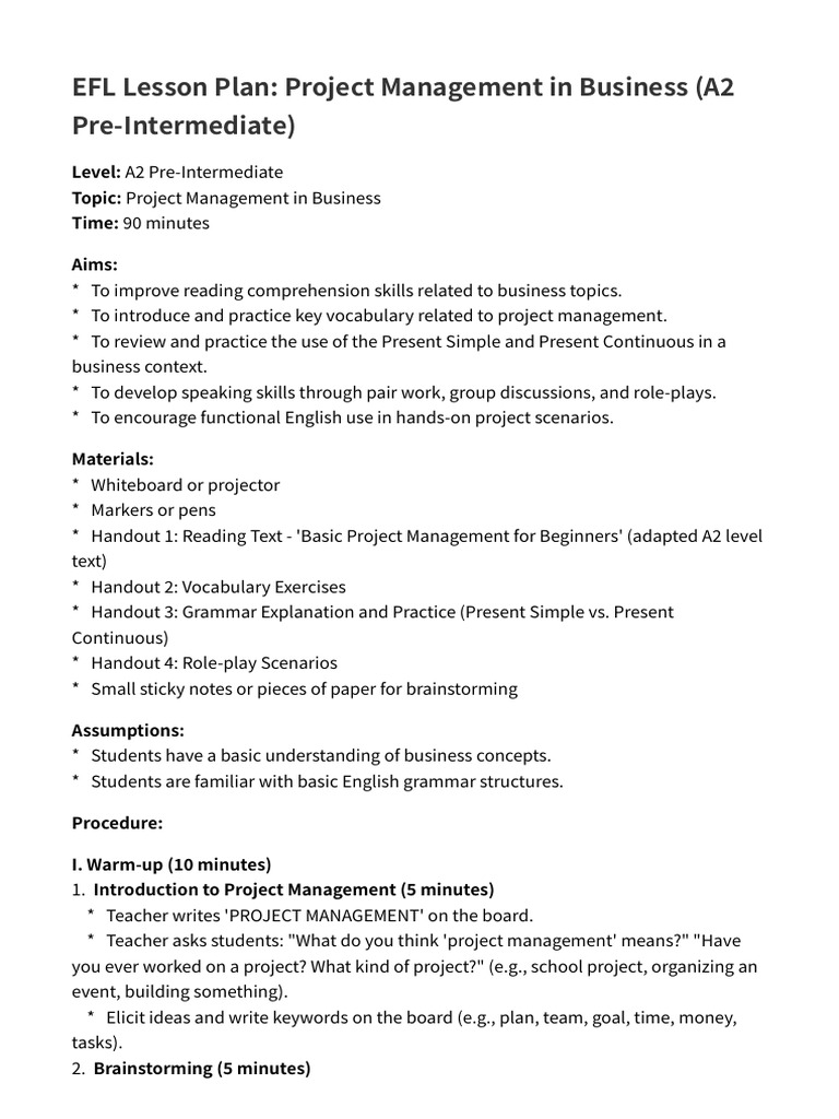 EFL Lesson Plan: Business Project Management | PDF | Reading ...