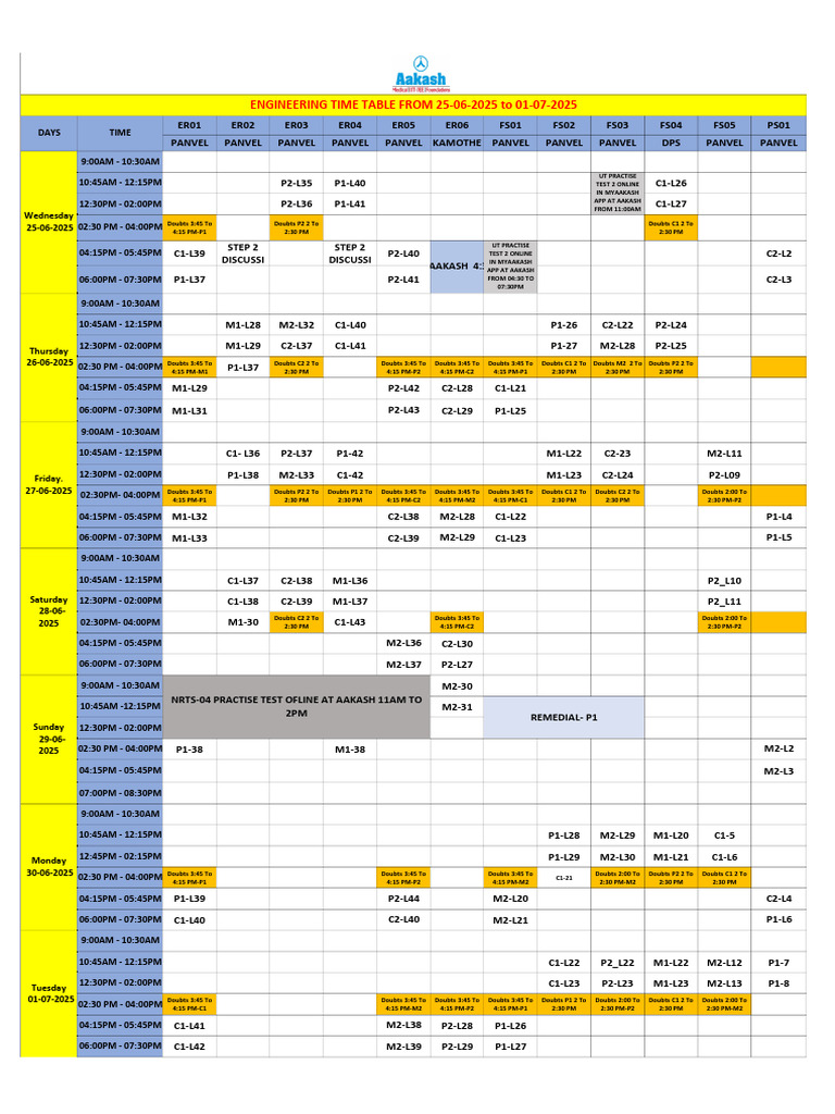Engineering Time Table - 25th-June To 01st-July-2025 | PDF