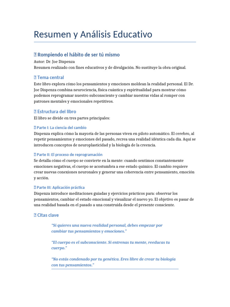 Resumen Rompiendo El Habito De Ser Tu Mismo Pdf