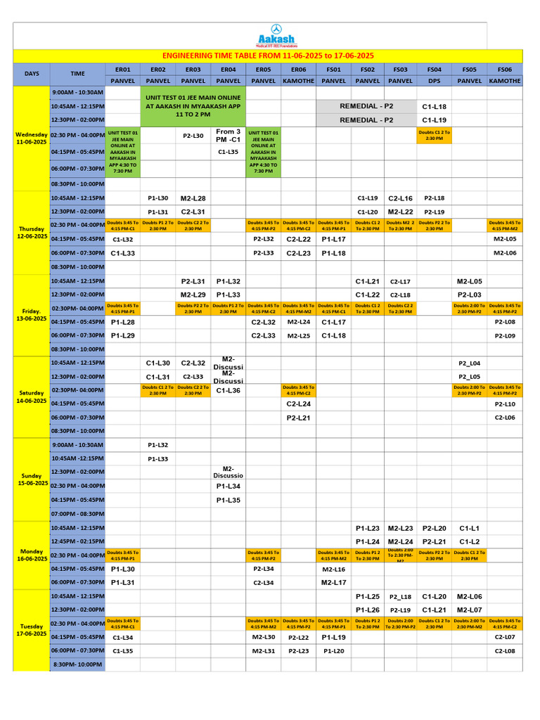 Engineering Time Table - 11th-June To 17th-June-2025 | PDF