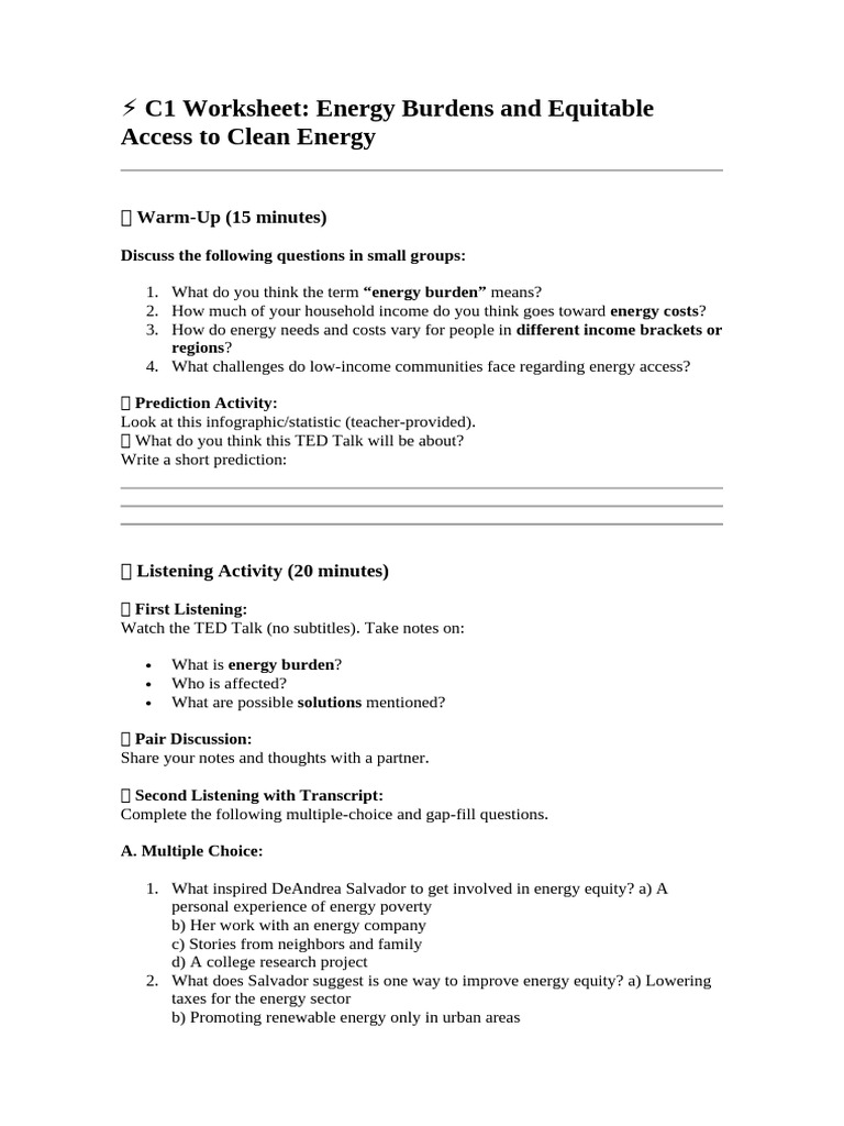 Worksheet - Energy Burden & Solutions (C1) | PDF | Poverty | Poverty ...
