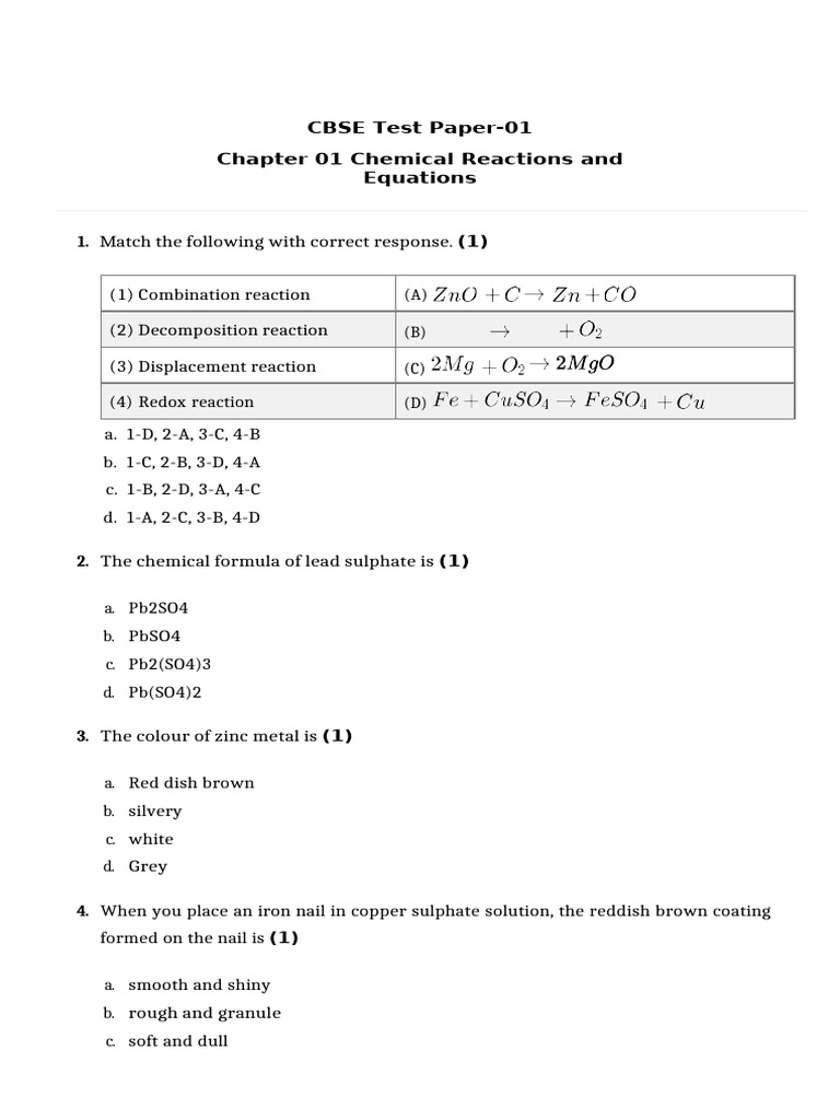 Test - Chemical Reactions and Equations | PDF | Chemical Reactions | Redox