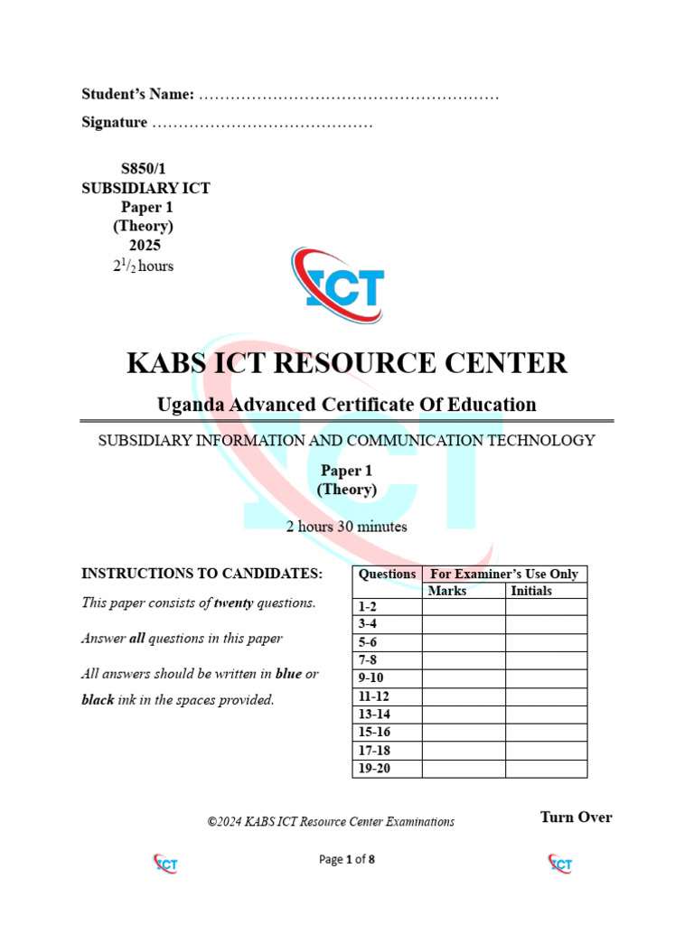 Subsidiary ICT Theory Exam 2025 | PDF | Computer Data Storage ...