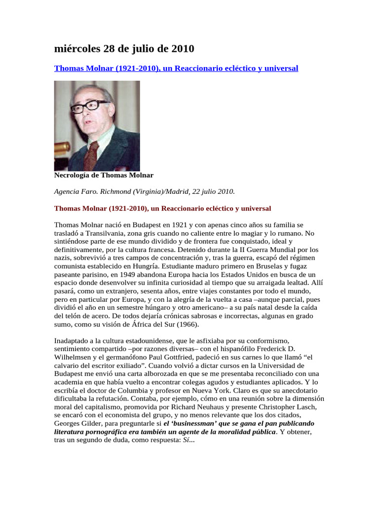 Vida de Thomas Molnar | PDF | Intelectual | Educación en artes liberales