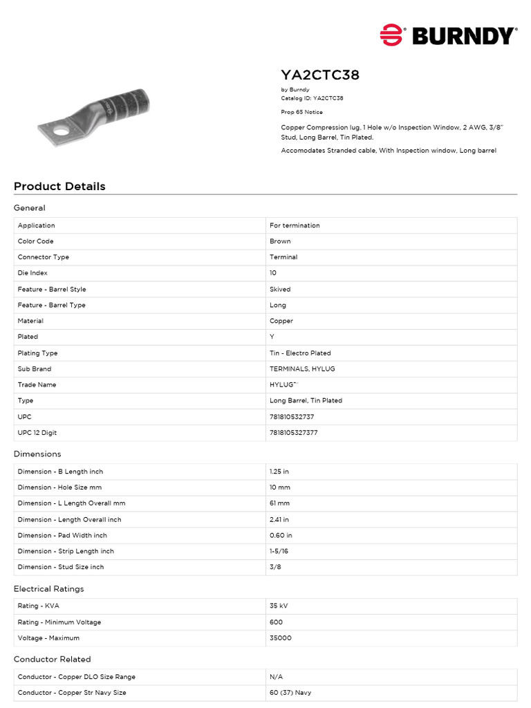BURNDY YA2CTC38 Specsheet | PDF | Electrical Conductor | Electricity