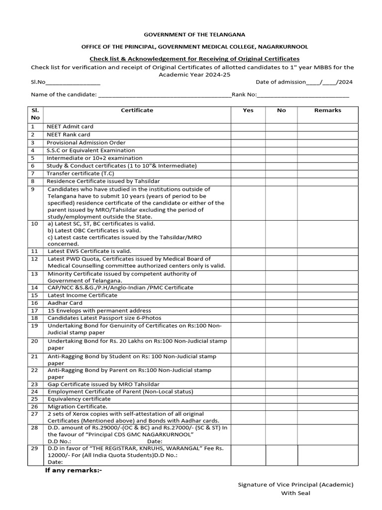 KNRUHS MBBS Admission Checklist 2024-25 | PDF | Surety | Justice