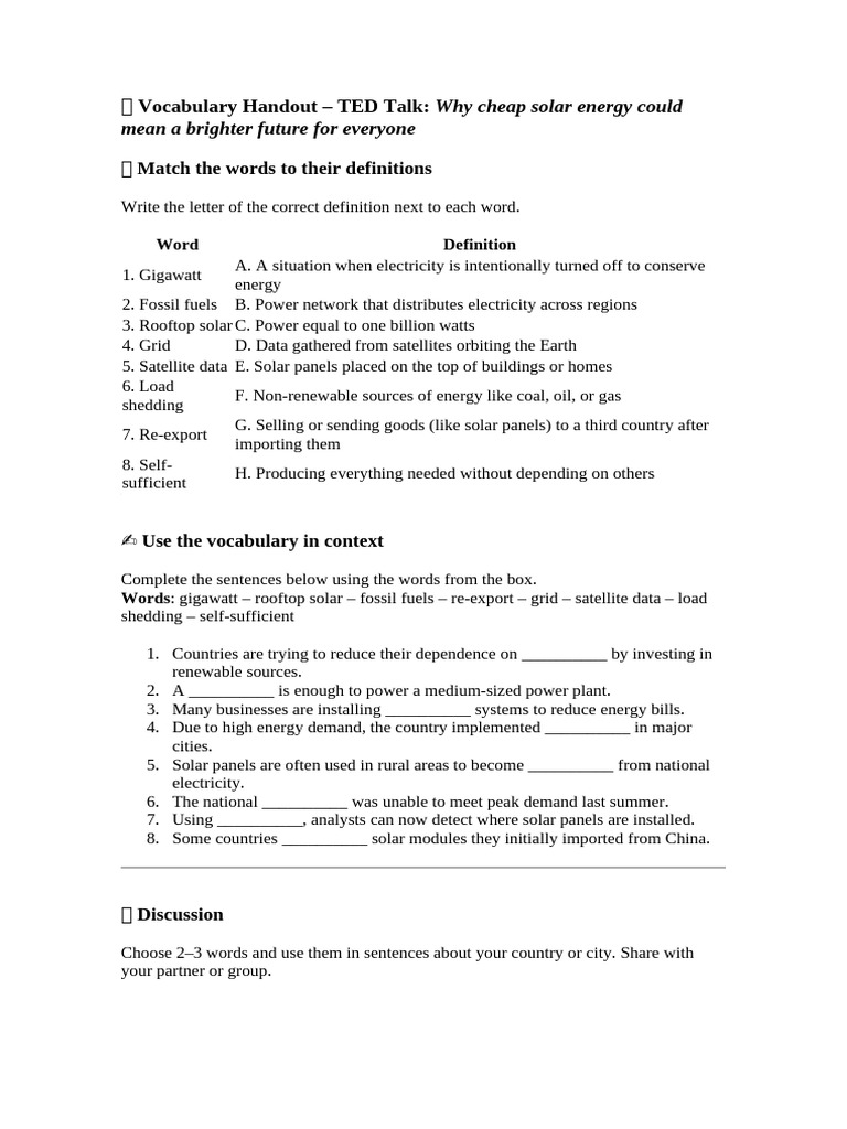 ? Vocabulary Handout - Solar Energy Is Cheaper Than You Think | PDF