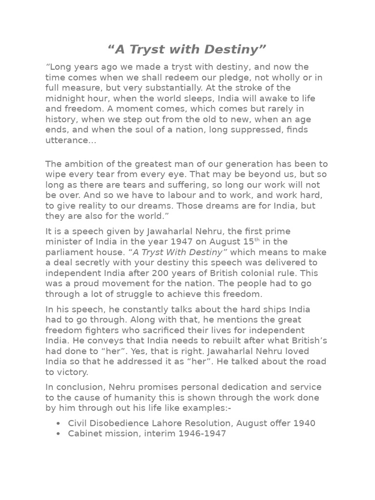 Nehru's Tryst with Destiny Speech | PDF