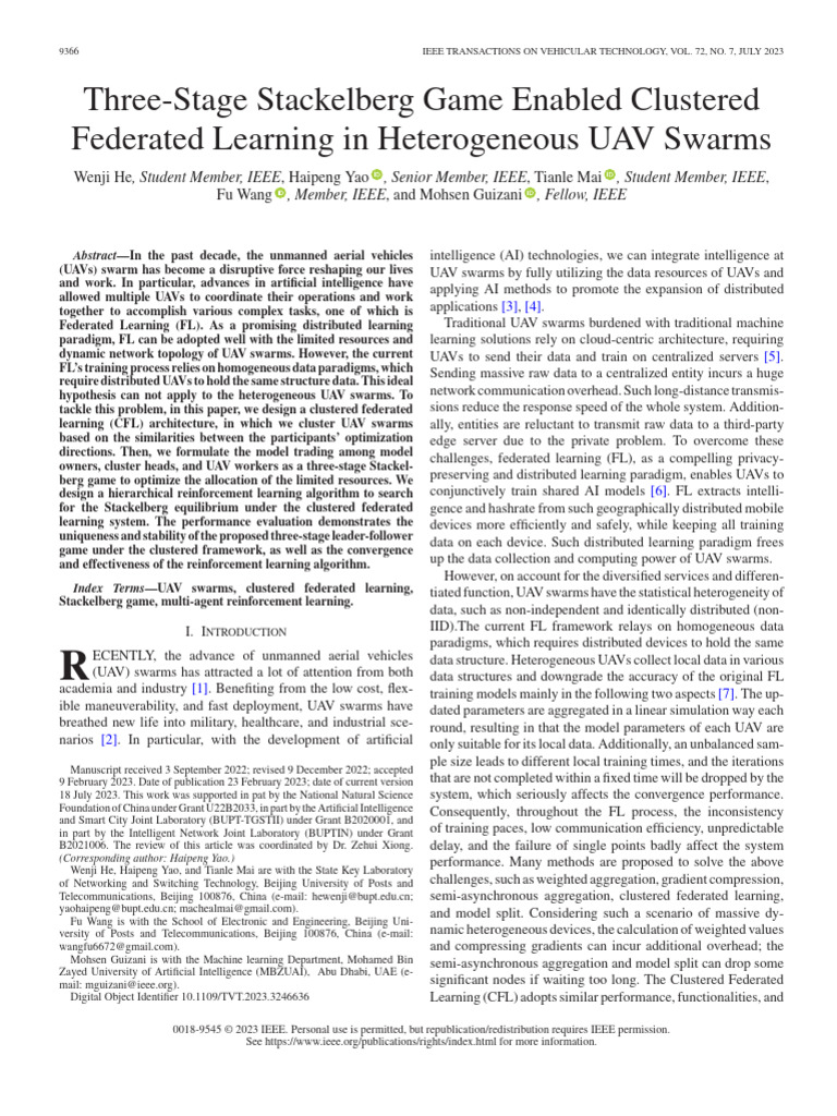 Three-Stage Stackelberg Game Enabled Clustered Federated Learning in Heterogeneous UAV Swarms ...