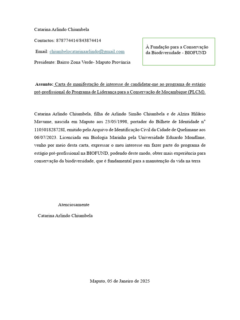 Manifestação de Interesse para Estágio BIOFUND | PDF