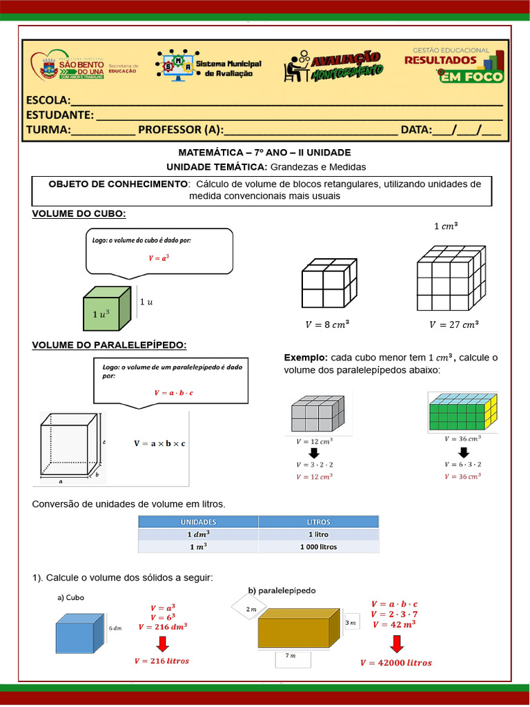 7º Ano - Cálculo de Volume de Blocos Retangulares, Utilizando Unidades de Medida Convencionais ...