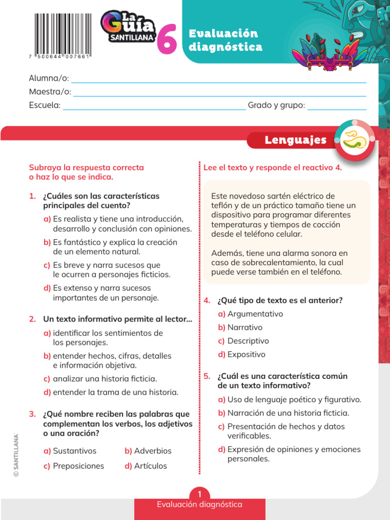Evaluacion Diagnostica 6° Sexto Grado Santillana 2024-2025 | PDF ...