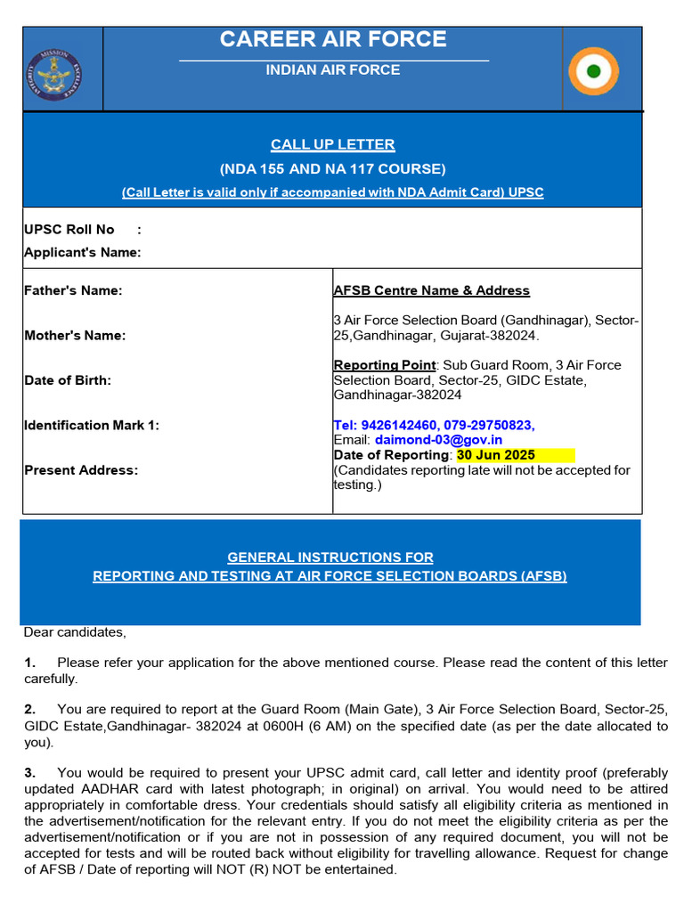 AFSB Gandhinagar Reporting Instructions | PDF | Identity Document