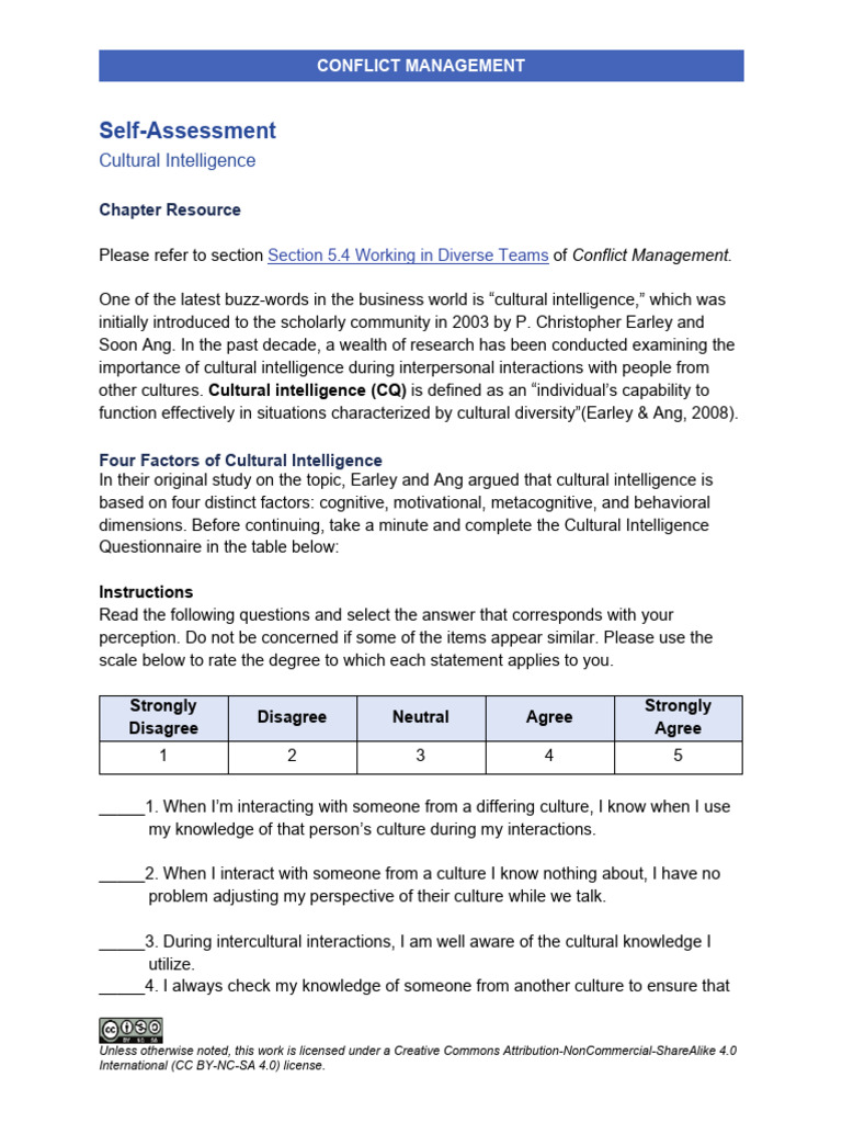 Appendix B Self Assessments Cultural Intelligence | PDF | Knowledge | Intelligence