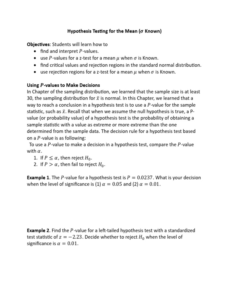 Hypothesis Testing for the Mean (σ Known) | PDF | Hypothesis | Methodology