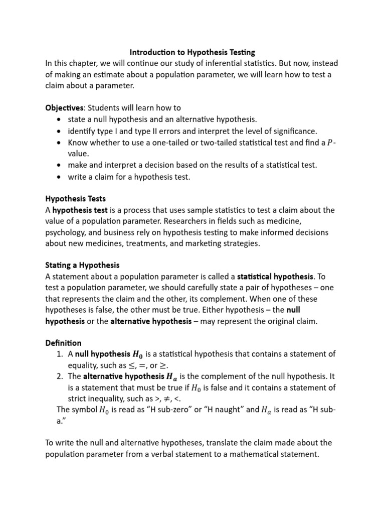 Introduction To Hypothesis Testing Pdf Type I And Type Ii Errors P Value