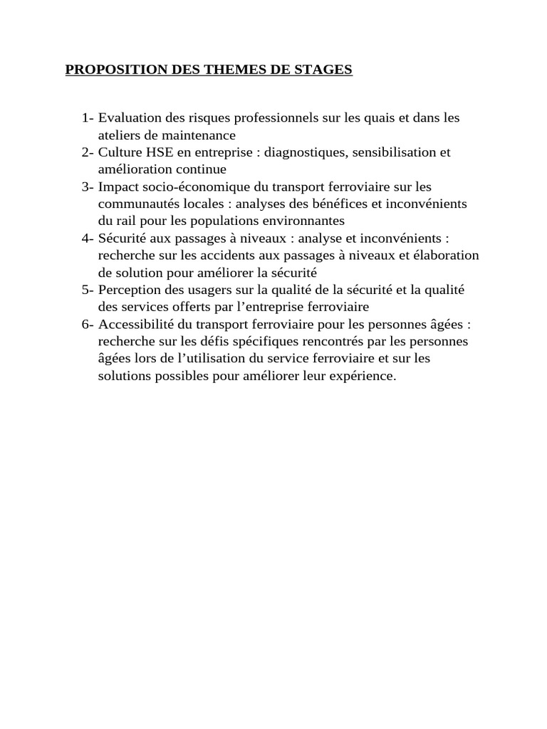 Thèmes de stages en transport ferroviaire | PDF