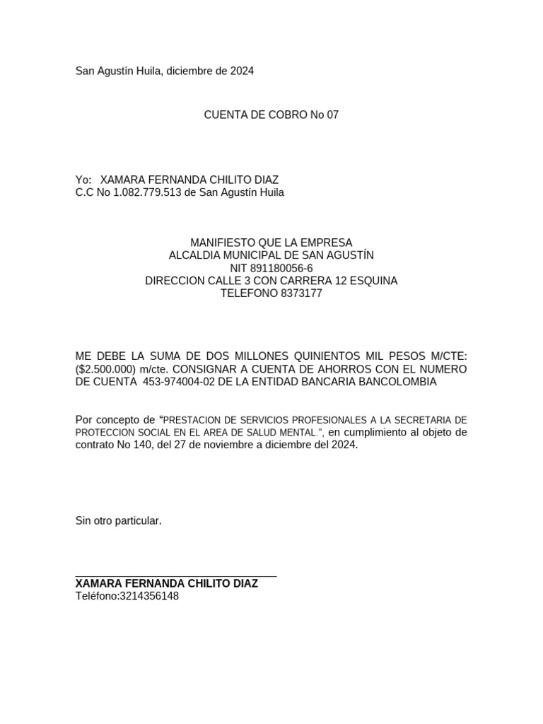 Cuenta de Cobro Xamara NOVIEMBRE | PDF