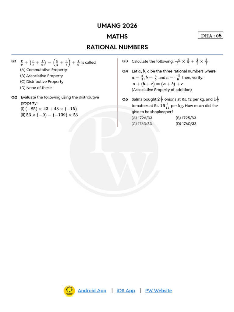 Rational Numbers - DHA 05 - Umang 2026 (Class 8th) | PDF | Mobile Software | Mobile Computers