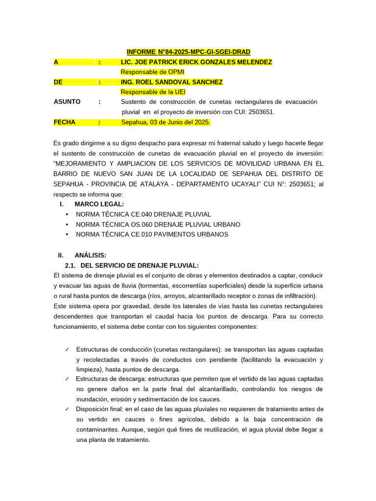 Informe de Sustento de Cunetas | PDF | Alcantarillado | Inundar