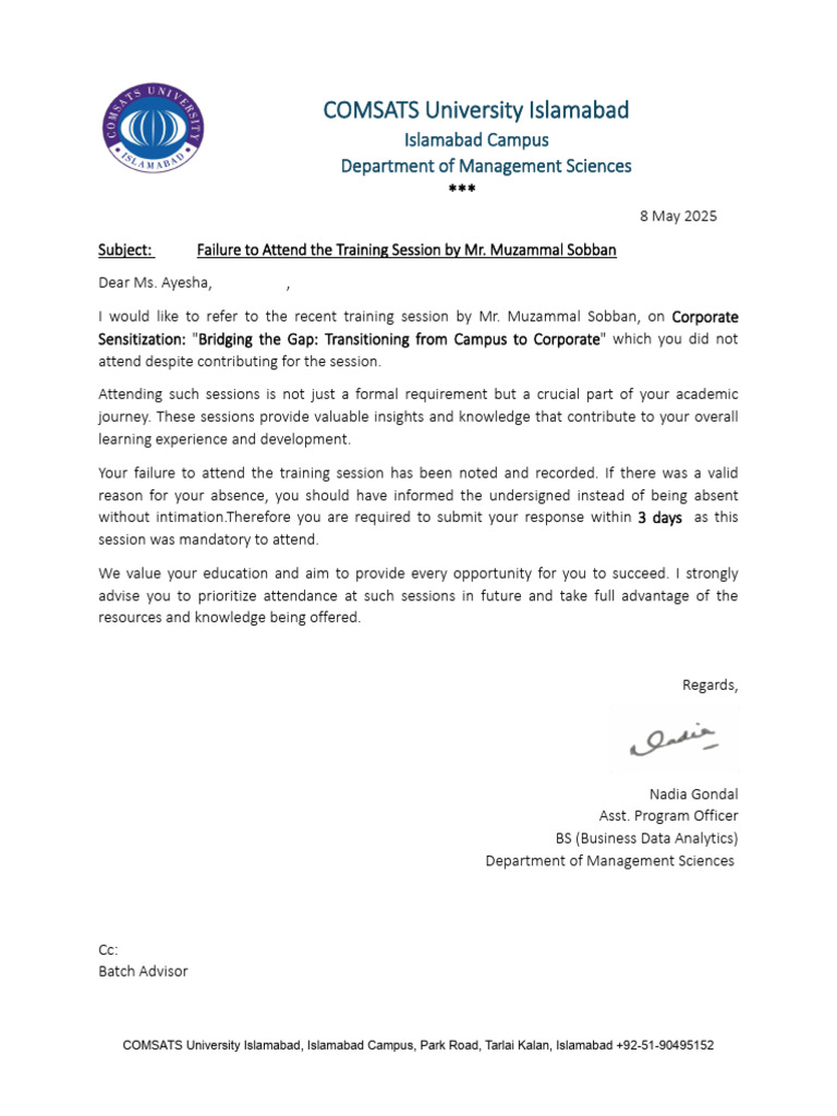 Letter of Advice. Ms Ayesha | PDF