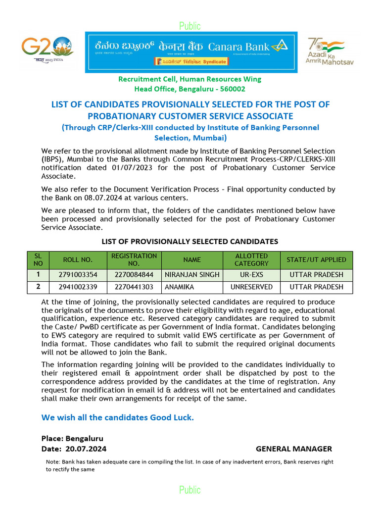 Provisional Selection List for Customer Service Associate | PDF ...