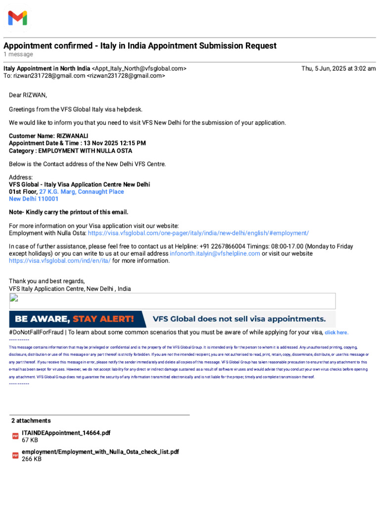 Gmail - Appointment Confirmed - Italy in India Appointment Submission ...