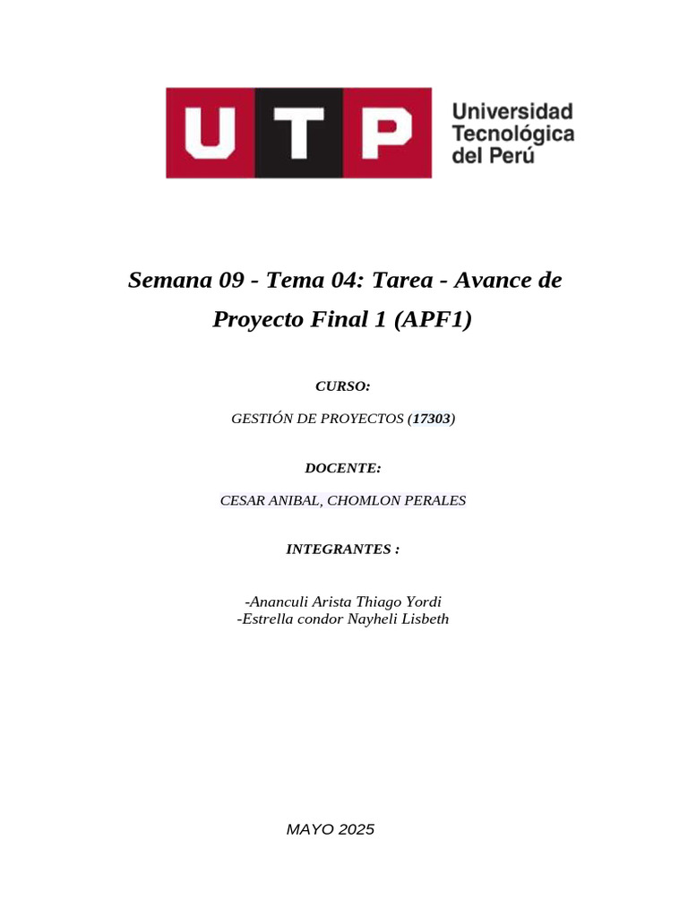 Semana 09 - Tema 04 - Tarea - Avance de Proyecto Final 1 (APF1) | PDF | Calidad (comercial ...