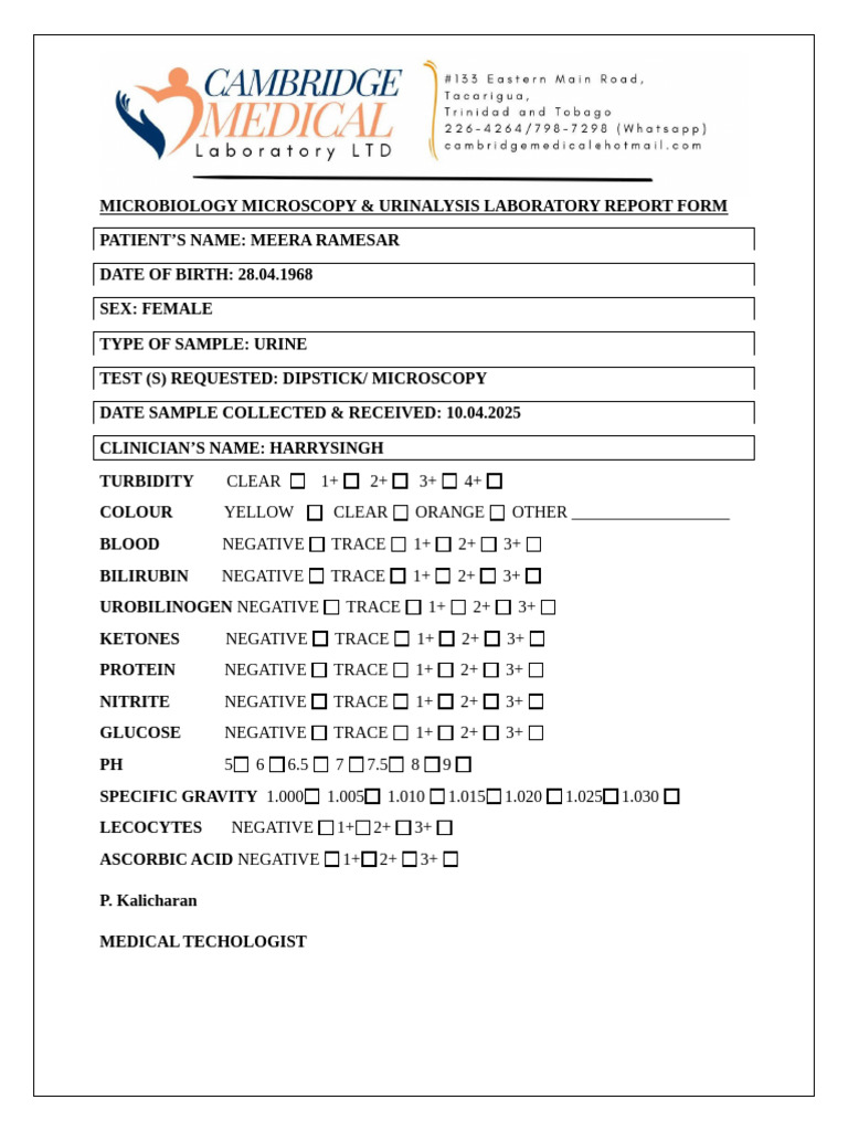 Urinalysis Laboratory Report Form | PDF
