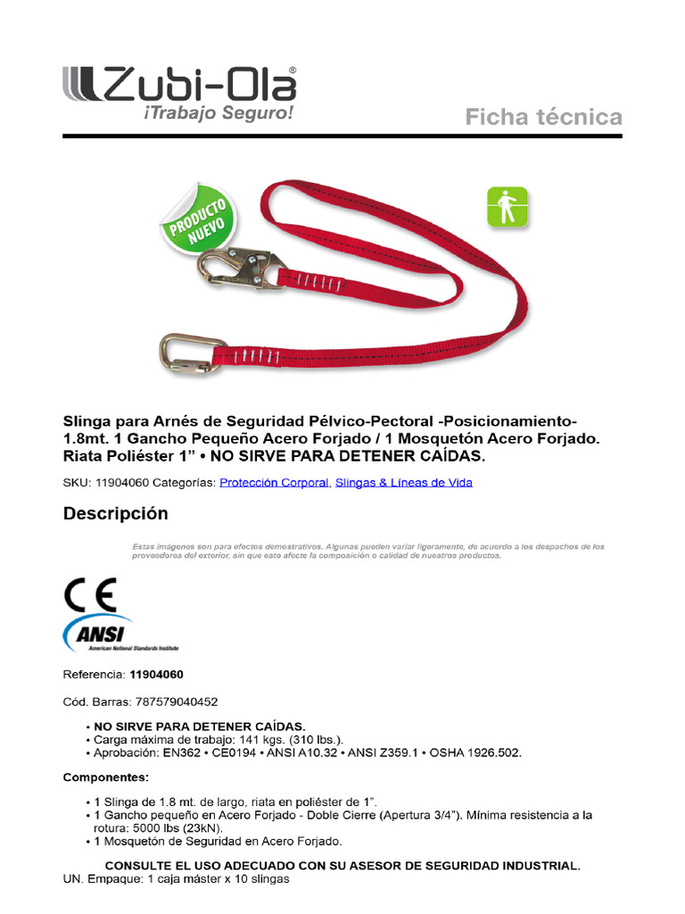 Slinga para Arnes de Seguridad Pelvico Pectoral Posicionamiento 1 8mt 1 ...