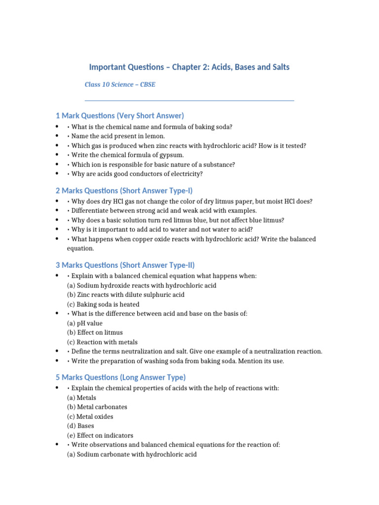 Class 10 Acids, Bases, and Salts Q&A | PDF