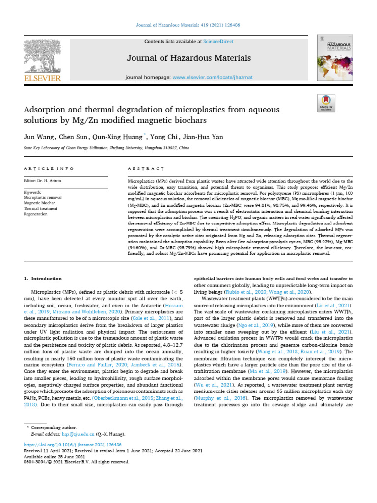 Biochar (Sawdust) Adsorption and Thermal Degradation of Microplastics ...