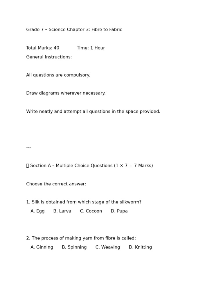 Fibre To Fabric Class 7 Test Paper | PDF