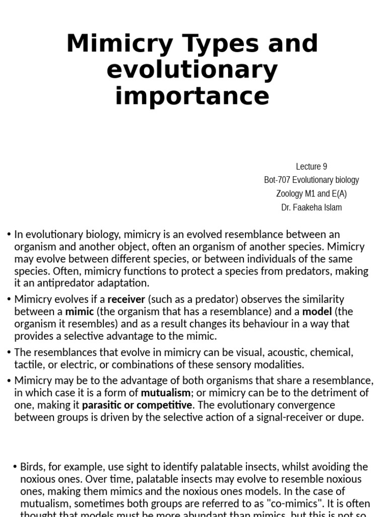 Lecture 9-Mimicry Types and Evolutionary Importance | PDF | Mimicry | Predation