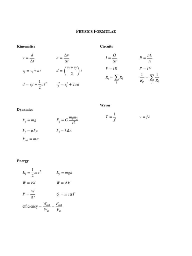 Formula Sheet Physics 11 | PDF | Area | Physical Phenomena