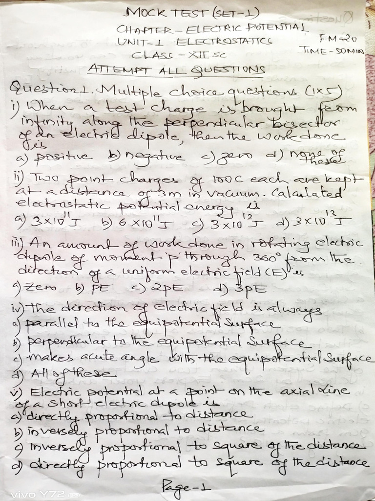 MOCK TEST Question Paper, Chapter - Electric Potential, XII SC | PDF