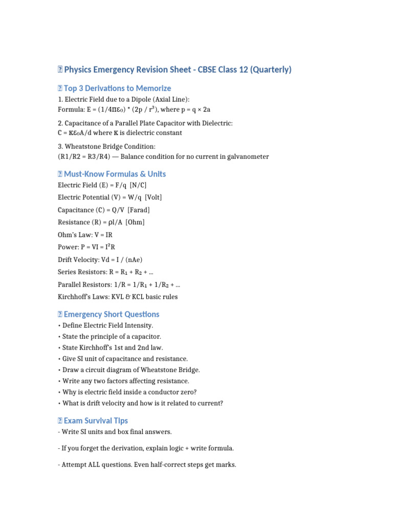 Physics Emergency Revision CBSE | PDF