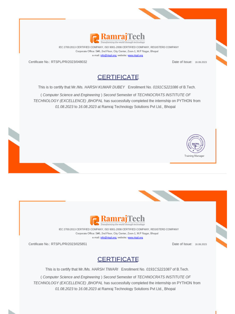 Python Internship Certificates Bhopal | PDF | International ...
